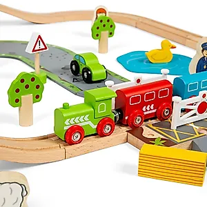 Bigjigs Rail 80 Piece Rural Road and Rail Wooden Train Set - Kids Train Set with 80 Bigjigs Train Accessories incl. Bridges & a Level Crossing for Pretend Play