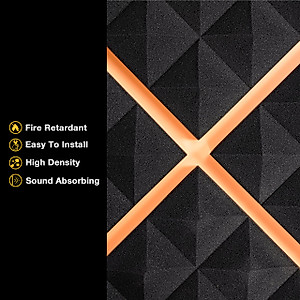 Sonic Acoustics 2" X 12" X 12" Acoustic Foam Panels, Pyramid Recording Studio Wedge Tiles, Sound Panels, Sound Absorbing Panel, Soundproofing Isolation Treatment for Walls (24 Pack, Black)