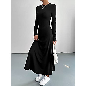 Verdusa Women's Casual Long Sleeve Round Neck Solid A Line Long Maxi Dress Black XS