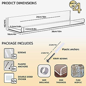 LUOBAO Acrylic 15" Invisible Floating Wall Ledge Display Shelves,Floating Wall Bookshelf,Nail Polish Rack,Wall Mounted Shelf,Clear (4 Pack - 4mm)