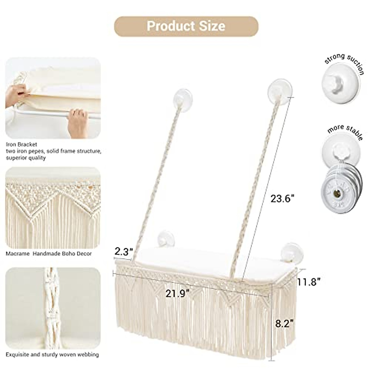 Dahey Macrame Cat Window Perch Boho Cat Hammock Wall Mounted Pet Resting Seat Bed for Indoor Cats Safety Space Saving Kitty Swing Shelf with Tassel Holds up to 45 lbs with Screw Suction Cups, Gift