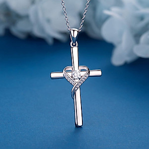 AmorAime 925 Sterling Silver Cross Necklace for Women Heart Necklaces for Mother for Festival, Vacation or Holiday