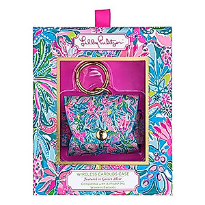 Lilly Pulitzer Blue Leatherette AirPods Pro Holder, Cute Keychain Case with Access to Charging Port, Golden Hour