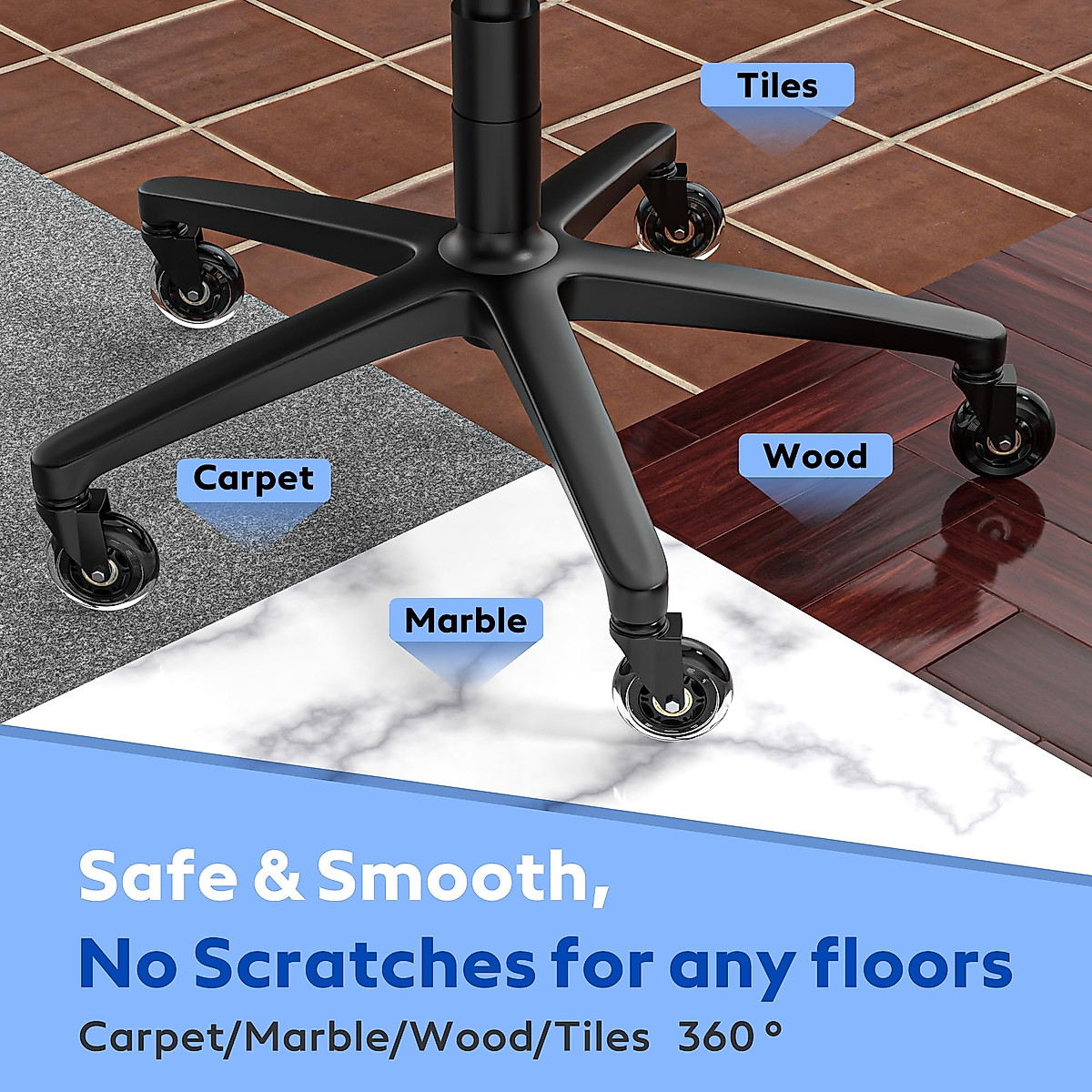 WEWILL Office Chair Caster Wheels 3" Rubber Replacement Chair Casters Up to 300KG Load Capacity Best Protection for Your Hardwood Floors and Carpet（10MM*22MM)）