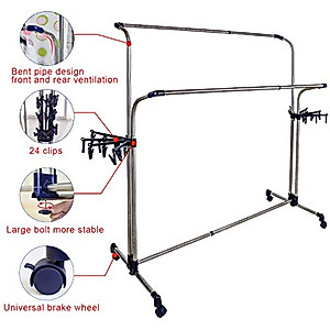 Hershii Clothes Garment Rack on Wheels Heavy Duty Double Rail Adjustable Extendable Rods Rolling Laundry Drying Rack Hanging Pole with 24 Clips