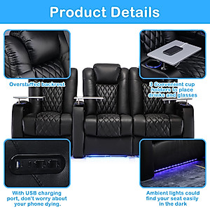 Weilianda Home Theater Seating Top Grain Leather Loveseat Recliner Chair Dual Power Movie Gaming Sofa Electric Headrest with Tray Table Type-C USB Charge (Row of 3 Loveseat Right, Black)…