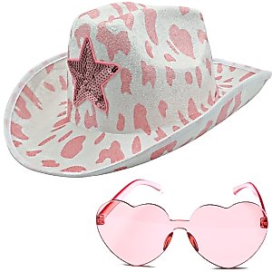 4E's Novelty Cow Print Cowboy Hat with Accessory, Cowgirl Hat for Women Men Adult Western Party, Cowgirl Costume Accessory (White & Pink Cowprint + Heart Shaped Glasses)