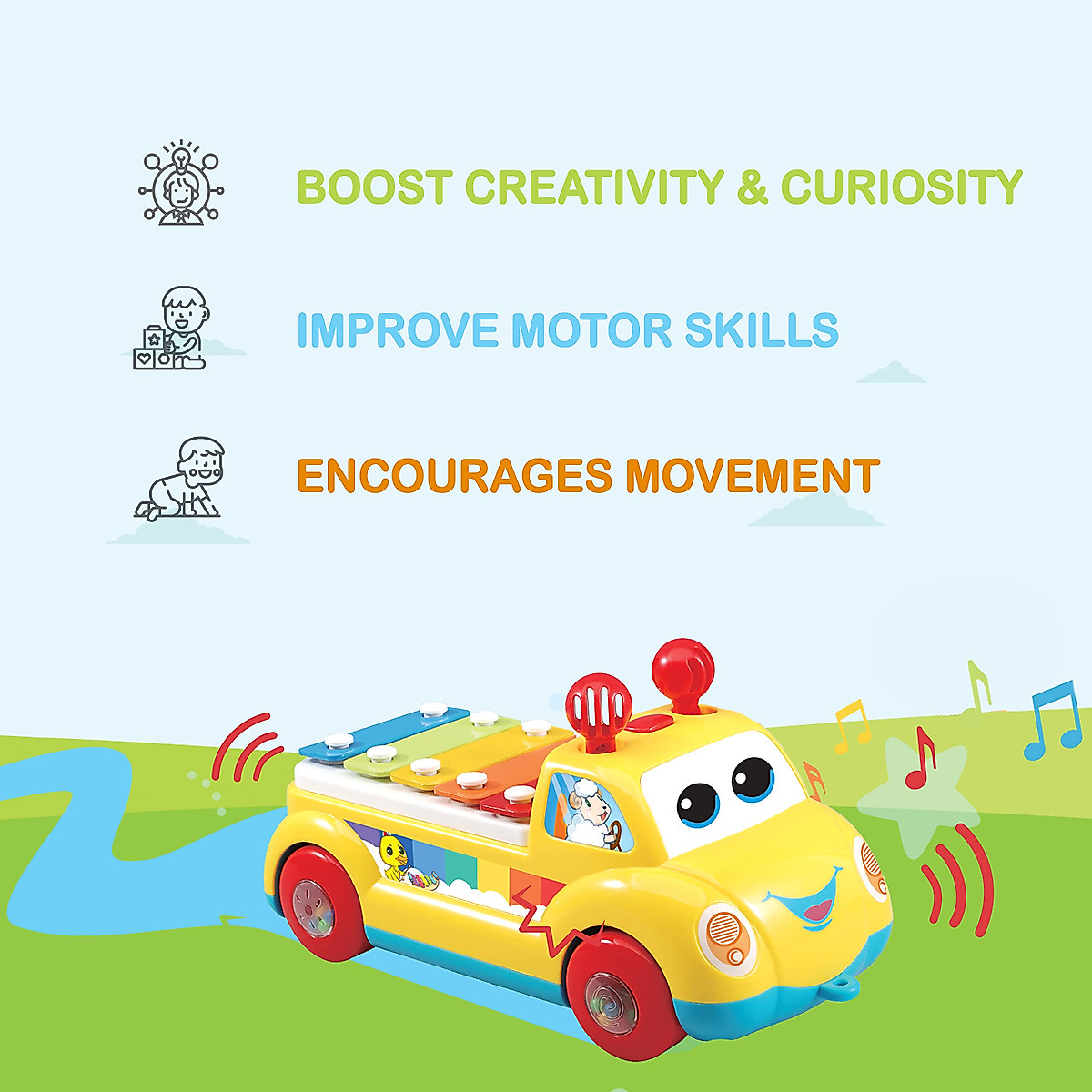 CoolToys Baby Xylophone Musical Car Toy for Toddlers - 3 in 1 Educational Boys & Girls 1st Birthday Gift - Developmental Kids Instrument Crawling and Pull Along Walking Toy - Fun Lights & Sounds