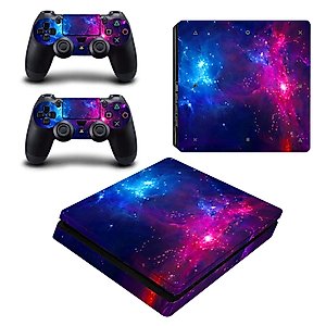 FOTTCZ Vinyl Skin for PS4 Slim Console & Controllers Only, Sticker Decorate and Protect Equipment Surface, Double Nebula