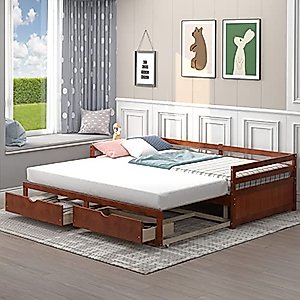 Giantex Extendable Daybed with Trundle and 2 Storage Drawers, Twin to King Daybed with Solid Wood Roll Out Bed Frame, Dual-use Modern Sofa Bed for Teens, Adults, Bedroom, Living Room (Cherry)