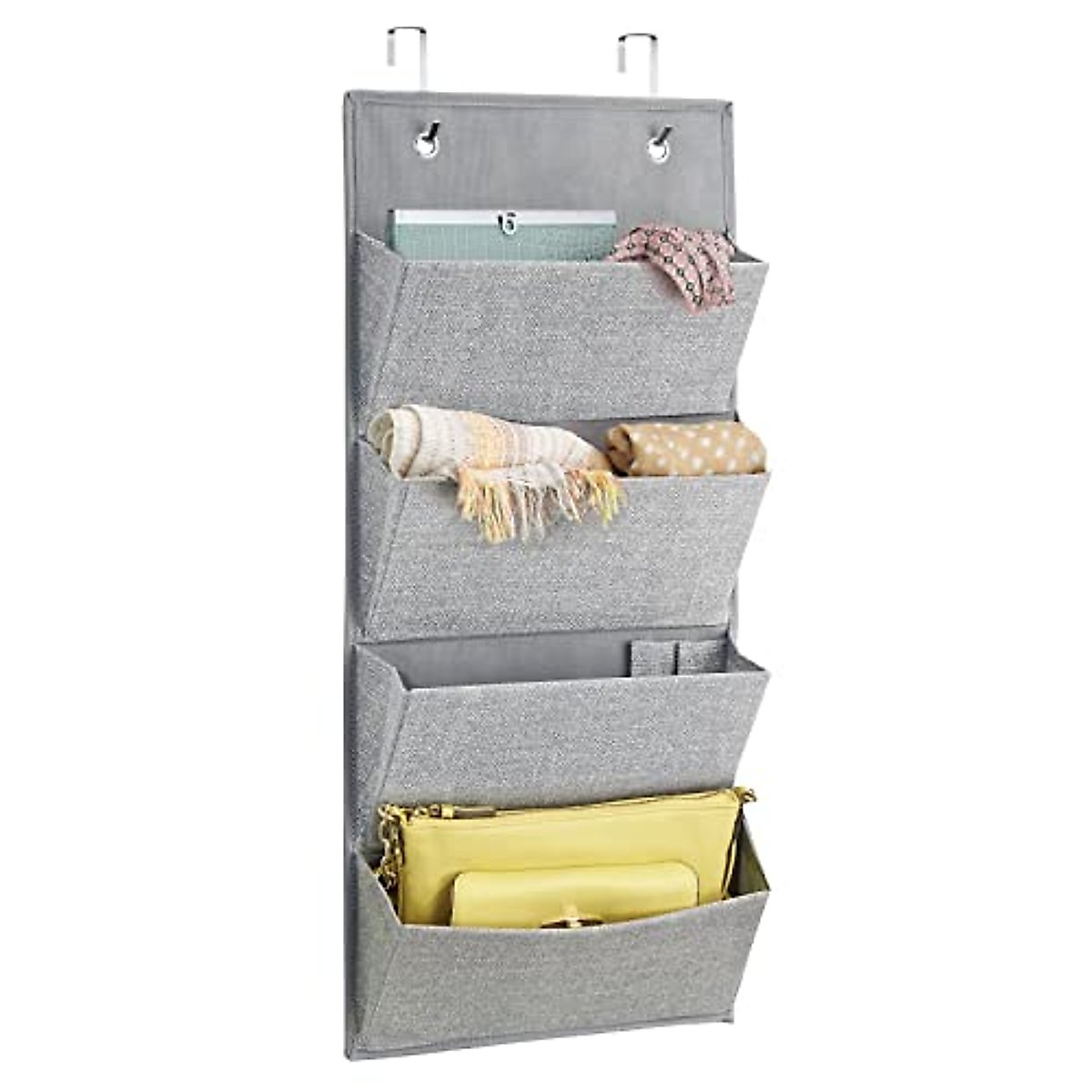 mDesign Soft Fabric Over The Door Hanging Storage Organizer with 4 Large Pockets for Closets in Bedrooms, Hallway, Entryway, Mudroom - Hooks Included - Textured Print, 2 Pack - Gray