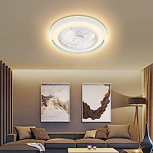 Low Profile Ceiling Fan with Lights Remote, 20" Enclosed Bladeless Ceiling Fan Flush Mount Ceiling Fan with 3 Colors LED Bladeless Ceiling Fan for Bedroom Living Room Kitchen Fan (Multi-3)