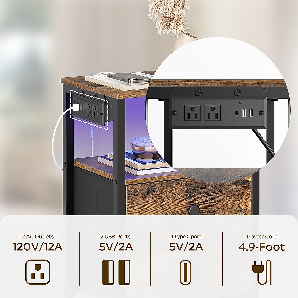 YATINEY Nightstands with Charging Station, Night Stand with LED Lights, Side Table with 2 Non-Woven Drawers, End Table Bedroom, Bedside Tables for Bedroom, Rustic Brown and Black ET12BR