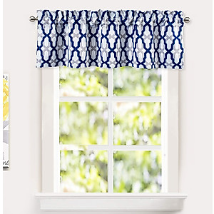 DriftAway Mason Geometric Trellis Pattern Window Curtain Valance Rod Pocket 52 Inch by 14 Inch Plus 2 Inch Header Navy