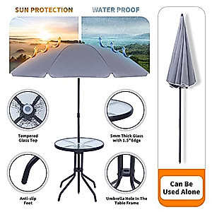 JOYTIO 4 Piece Patio Dining Set, Outdoor Garden Furniture Bistro Set with Tilted Removable Umbrella, 2 Folding Chairs, and Round Glass Table (Grey)