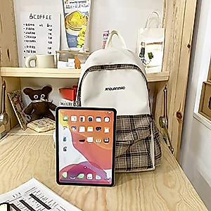 Kawaii Plaid Backpack with 1 Free Cute Panda Pendant for Girls Teens Criss Corss Aesthetic Daypack Satchel (Beige)