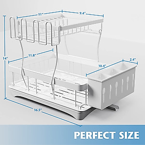 Semounva Dish Drying Rack, 2 Tier Large Capacity Dish Rack and Drainboard Set, Rustproof Dish Drainer with Cup Holder, Utensil Holder, Cutting Board Holder for Kitchen Counter
