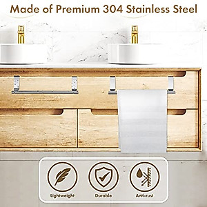 Over Cabinet Towel Bar with Hooks, 14 Inch Brushed Stainless Steel Over The Door Towels Rack for Home Bathroom Kitchen, Hang on Inside and Outside Cabinets or Doors, Holds Hand Dish Towels Washcloths