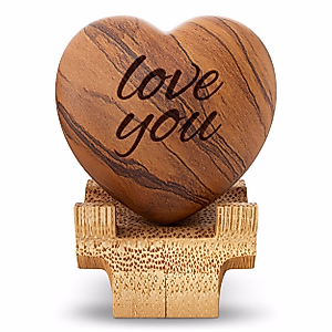 Carved Wooden Heart Shape Gifts - Love You - Engraved Olive Wood with Bamboo Stand - 5 Year Wooden for Her or Him - Christmas, Valentine's Day, Mother's Day, Father's Day, Birthday