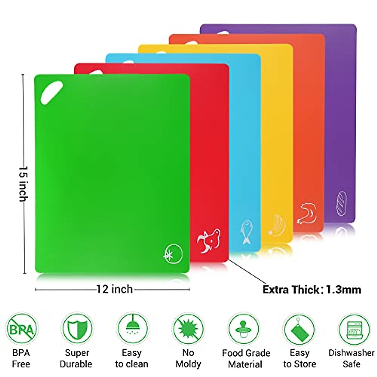 Cutting Board Mats Set, Extra Thick Flexible Plastic Kitchen Chopping Board, Colored Mats with Food Icons & Easy-Grip Handles, Dishwasher Safe, Set of 6