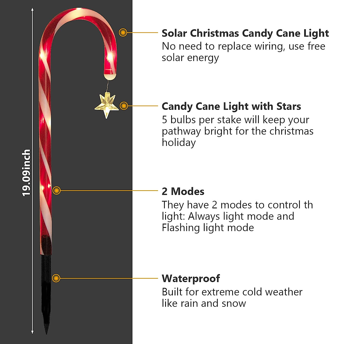 20 Pack Christmas Decorations Outdoor Solar Candy Cane Lights Pathway Markers Lights with Star for Walkway, Driveway, Lawn, Yard, Garden, Home Decoration