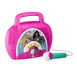 eKids Barbie Sing Along Boom Box Speaker with Microphone for Fans of Barbie Toys, Kids Karaoke Machine with Built in Music and Flashing Lights