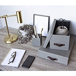 Bigso Silvia Organizational Storage Box | Photo Storage Box with Leather Handle for Shelves and Stacks Easily | Durable and Decorative Storage Boxes with Lids | 5.9″ x 6.5″ x 11.6″ | Gray