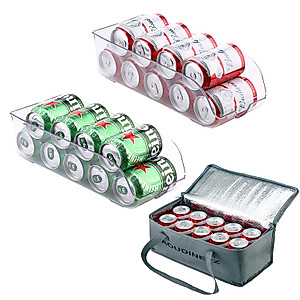 AOUDINEYZ Set of 2 Refrigerator Organizer Bins-Clear Plastic Soda Can Dispenser Beverage Holder for Fridge, Freezer, Kitchen, Countertops, Cabinets with a Portable Custom-made Insulation Cooler Bag