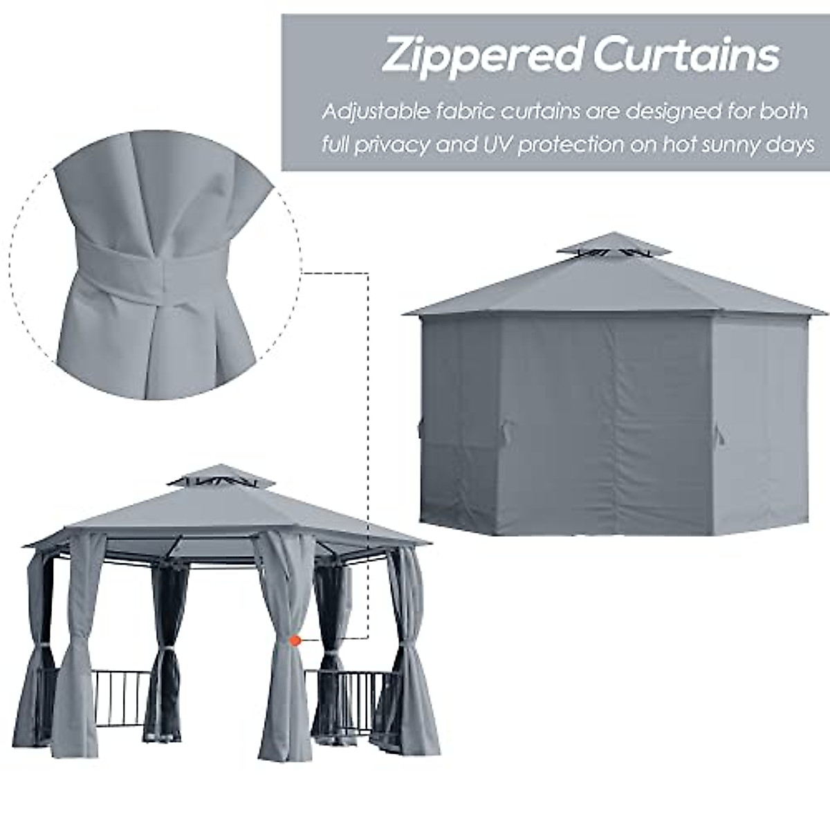 Outsunny 13' x 13' Patio Gazebo, Double Roof Hexagon Outdoor Gazebo Canopy Shelter w/with Netting & Curtains, Solid Steel Frame for Garden, Lawn, Backyard and Deck, Grey