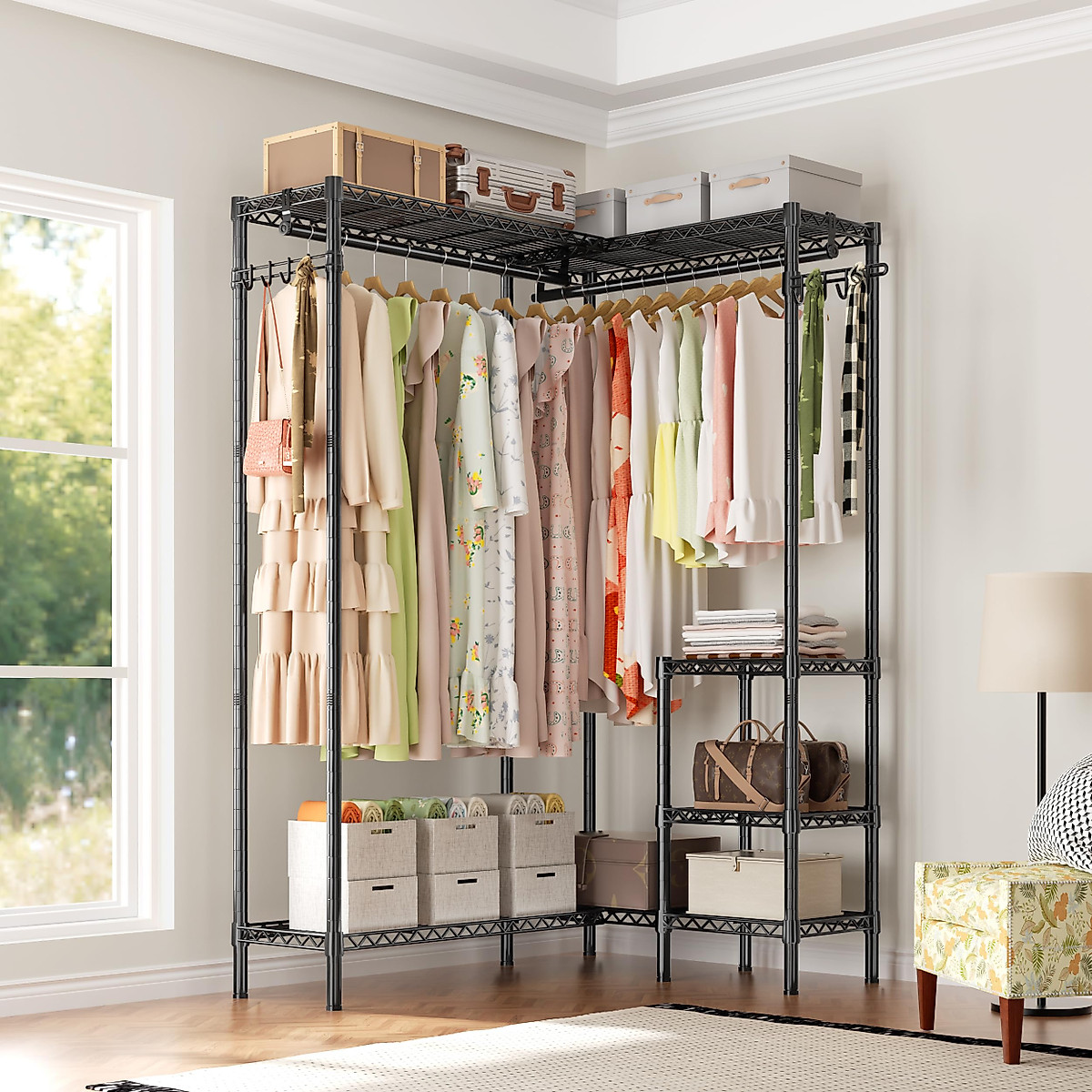 Heavy Duty Clothes Rack Clothing Rack for Hanging Clothes,Large Metal Garment Rack with 4 Tiers Adjustable Wire Shelves&3 Hanger Rods&2 Hooks,Freestanding Closet Wardrobe System,MaxLoad 800lbs