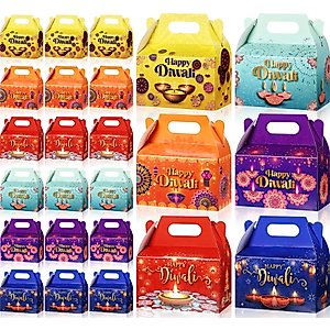 Kolldenn 24 Pcs Happy Diwali Party Favor Gift Boxes, Diwali Treat Boxes Indian Festival of Lights Gifts Gable Boxes Goodie Candy Snack Sugar Chocolate Gift Boxes for Diwali Party Decorations