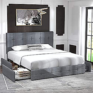 Allewie Upholstered Queen Size Platform Bed Frame with 4 Storage Drawers and Headboard, Square Stitched Button Tufted Mattress Foundation with Wooden Slats Support, No Box Spring Needed, Light Grey