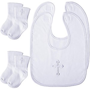 Jiuguva 4 Pcs Baptism Bibs and Socks Set Christening Bib for Baby White Embroidered Cross Baptism Outfit for Boy Girl(7.9 x 11 Inch)