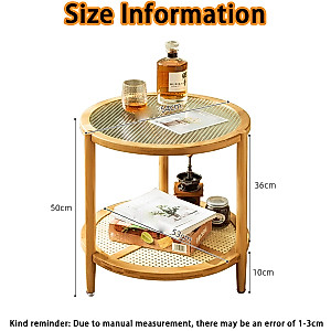 CUPKEE Bamboo Round Side Table, Glass End Tables, Double Layer Large Capacity Coffee Table with Storage for Living Room, Balcony, Bedroom