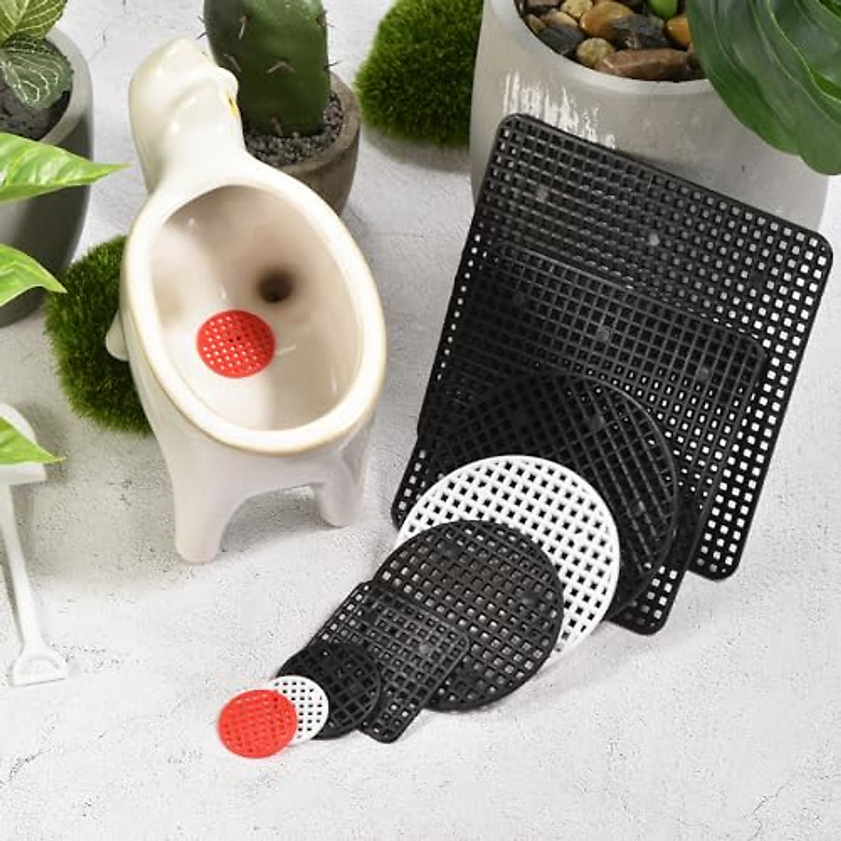 M METERXITY 100 Pack Plant Pot Hole Mesh Pads - Round Rigid Bonsai Flowerpot Drainage Grid Screen Apply to Outdoor/Garden (2.5cm/1", 4.5cm/1.8", Black)