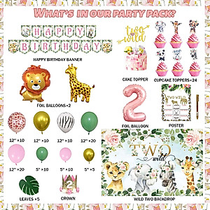 Fiesec Two Wild Birthday Decorations Girl, Jungle Safari Animal Theme 2nd Party Decorations Backdrop Balloons Banner Cake Cupcake Topper Poster Crown Lion Cheetah Giraffe Pink 119 PCs