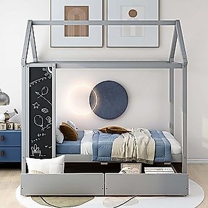 DUNTRKDU Twin Size House Bed Frame with 2 Storage Drawers & Blackboard, Wooden Platform Bed Frame with Sturdy Wooden Slats Support, No Box Spring Needed for Bedroom Boys Girls Teens Room (Gray)