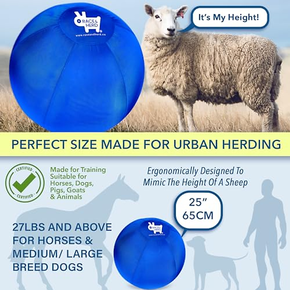 Race&Herd Herding Ball for Dogs Blue Heelers, Horse Ball & Ball Cover - 25" Ball for Horses Large with Hand Pump | for Play Hurding Ball |Hearding Ball Horse Toys for Horses Stall
