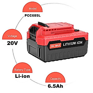KUNLUN 2Pack 6.5Ah 20V MAX Replacement Battery for Porter-Cable 20V Lithium Battery PCC681L PCC685L PCC685LP PCC680L PCC682L PCC600 PCC640 20-Volts Lithium Batteries