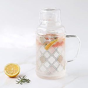 WONDER NEST Glass Pitcher with Lid - Bedside Water Carafe with Tumbler, Berverage Serveware Iced Tea Juice Milk Jug with Cup for Home Bedroom Nightstand (Coral Pattern)