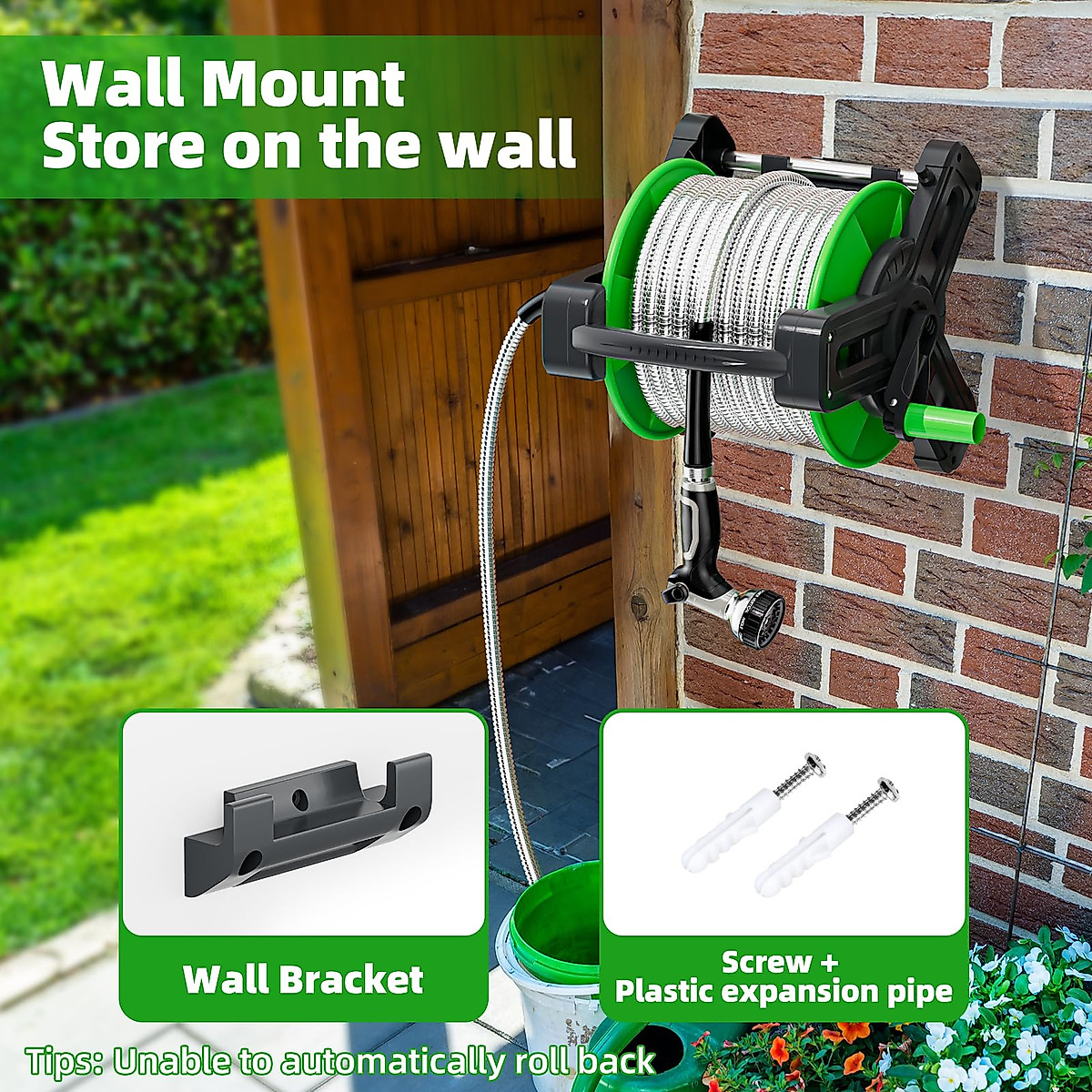 SPECILITE Wall Mount Garden Water Hose Reel with 75ft 304 Stainless Steel Metal Pipe and Nozzle for Outside, Yard, Patio,Space-Saving Design, Easy Storage, Green