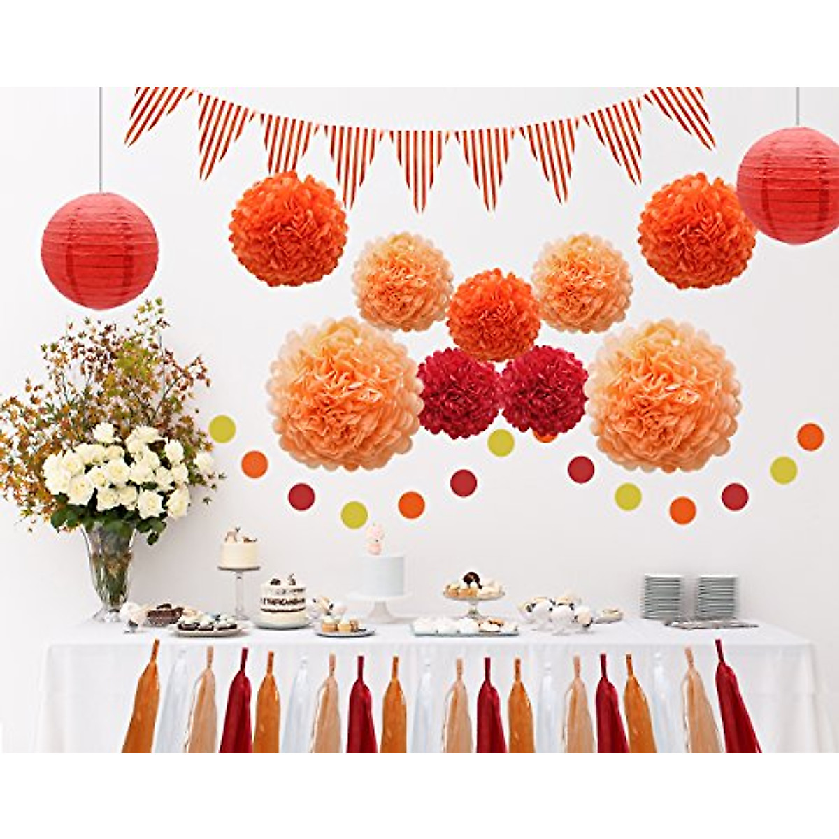 33pcs Party Decorations Supplies Set, Paper Lanterns Tissue Pom Poms Flowers Tassels Hanging Garland Banner Triangle Flag Bunting for Birthday, Baby Shower, Wedding Graduation Events (Orange, Red)
