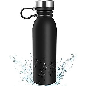 cocomum Stainless Steel Water Bottle|20 oz Vacuum Insulated Water Bottle|Insulated Double Wall Water Bottle Keep Hot & Cold,Leak Proof Sports Bottle,Wide Mouth Lids with Finger Belt-Black