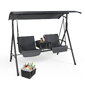 OKL 2 Seat Outdoor Patio Swing Chair, Canopy Swing with Cooler Removable Cushion and Weather Resistant Steel Frame, Hanging Porch Gray