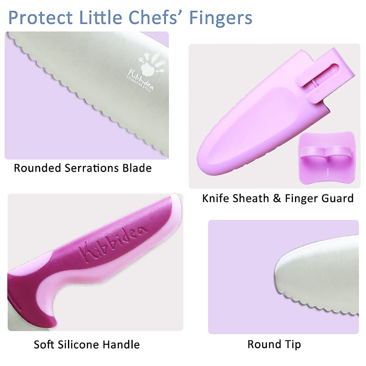 Kids Knife for Real Cooking, Montessori Children's Knife with Firm Grip, Stainless Steel Kids Safety Chef Knife with Finger Guard, Round Tip, Serrated Edges, BPA-Free (Purple)