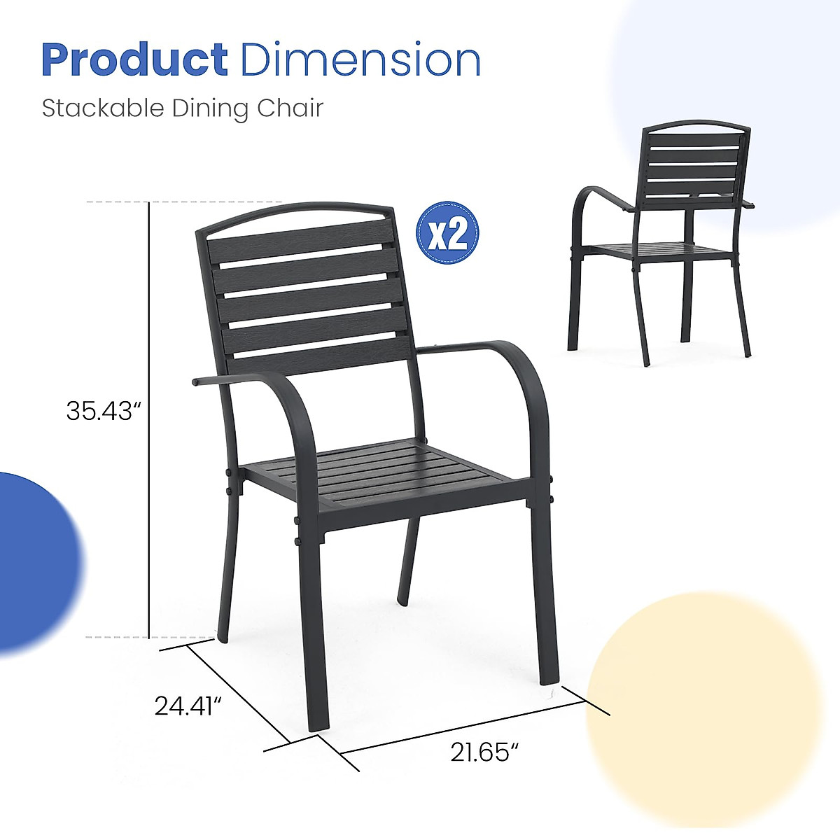 SUNSITT Patio Dining Chairs Set of 2, Aluminum Outdoor Dining Chairs with Faux Wood Slats, All-Weather Stackable Patio Chairs w/Armrests for Lawn, Porch, Garden and Deck, Black