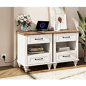 WAMPAT End Tables Storage Cabinet with Charging Station, Mid-Century Set of 2 Nightstands with 4 Drawers & Open Shelf, Farmhouse Wood Side Table for Bedroom & Living Room, Off White