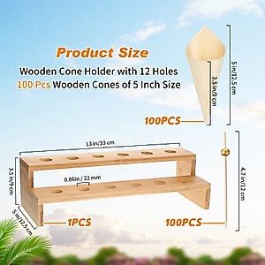 Food Cones 100 Pcs Disposable Wood Cones for Food with 12 Holes Ice Cream Cone Display Stand Charcuterie Cones Holder 100 Fancy Toothpicks for Appetizers Catered Events Buffets Parties (Straight)