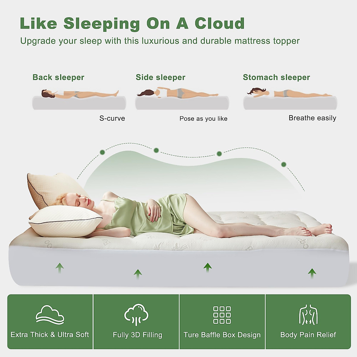 Queen Mattress Topper Viscose Derived from Bamboo, Thick Pillow Top Mattress Pad with Stretchable Pockets for 6-18 inches Mattress, Soft Mattress Topper for Back Pain Relief