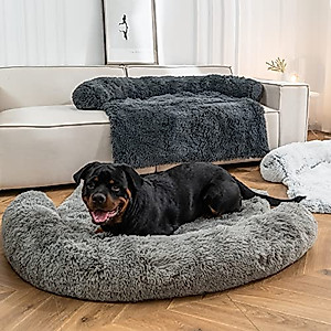 Auemtyn Dog Bed,Calming Dog Beds for Large Dogs,Fluffy Non-Slip 45"x37"x7"Dog Bed Couch Protector with Removable Pet Soft Neck Bolster,Washable Dog Bed Cover with Hidden Zipper（White）